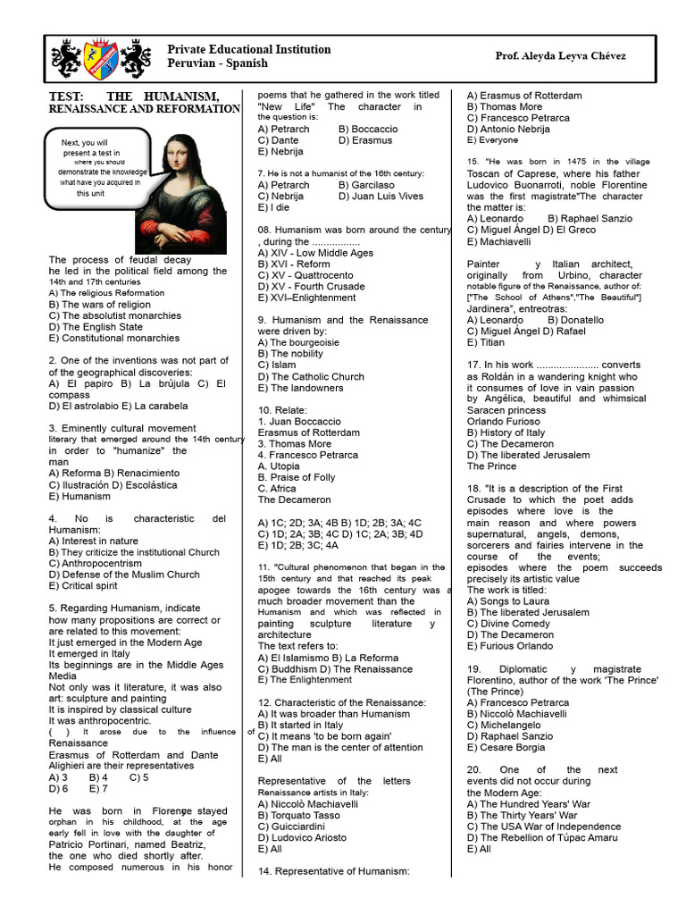 Humanism and Renaissance Test Questions | PDF | Renaissance | Humanism