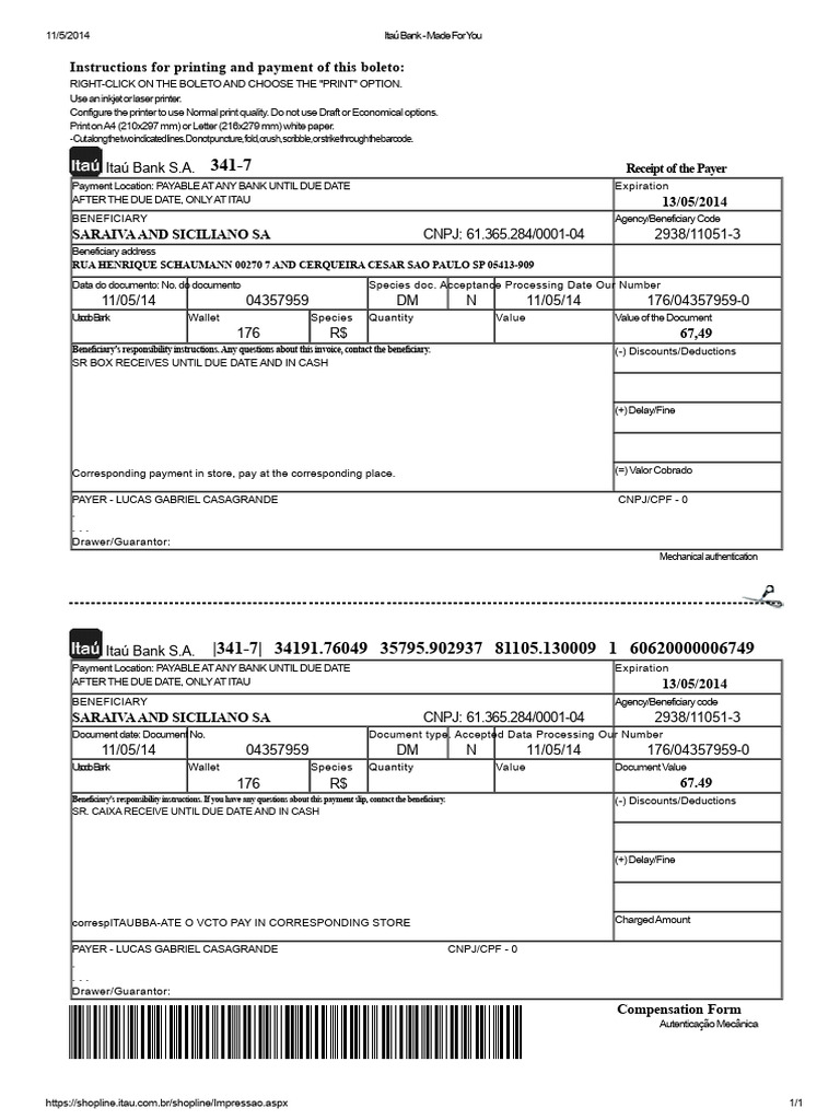 Itaú Bank - Payment Slip | PDF | Payments | Money