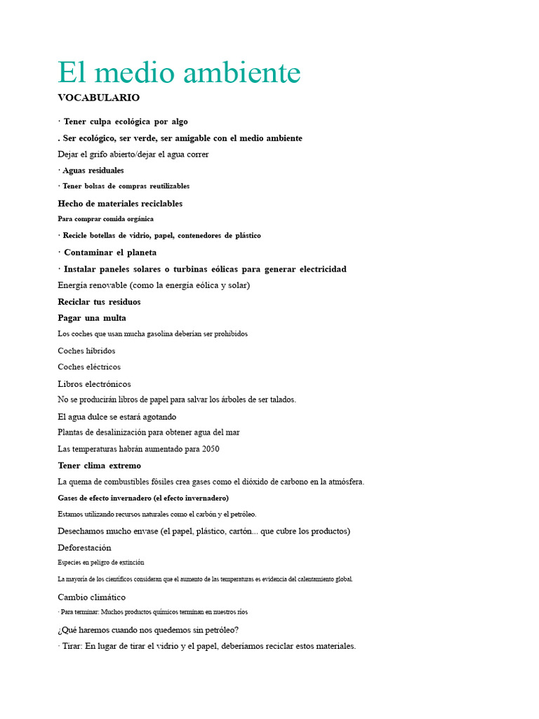 Vocabulario y Conversación Sobre El Medio Ambiente | PDF ...
