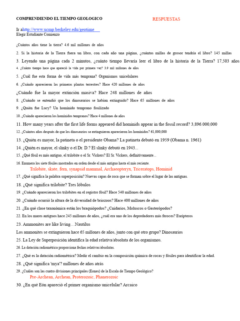 Hoja de Trabajo Sobre El Tiempo Geológico - RESPUESTAS | PDF | Escala ...