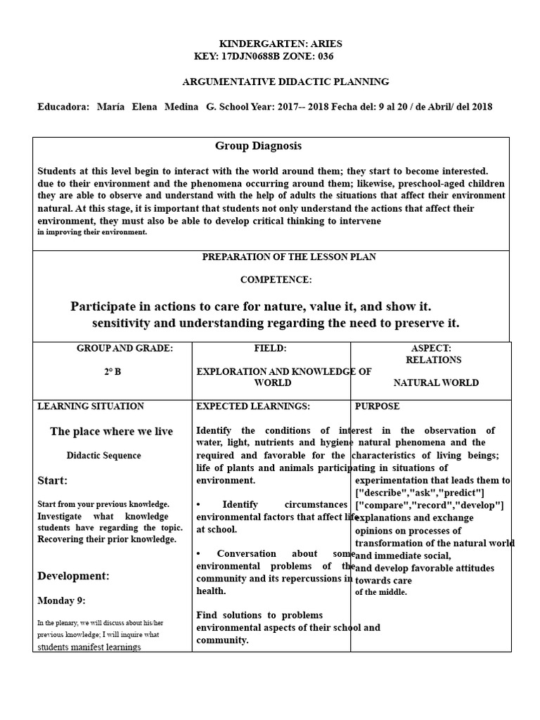 Kindergarten Environmental Care Lesson Plan | PDF | Knowledge | Natural ...