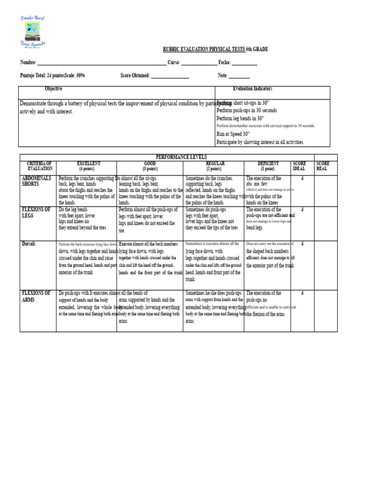 Rubric Evaluation Physical Tests 5TH Grade 2022 | PDF | Anatomical ...
