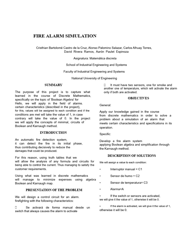 Fire Alarm Simulation Using Boolean Algebra | PDF | Algebra | Discrete ...