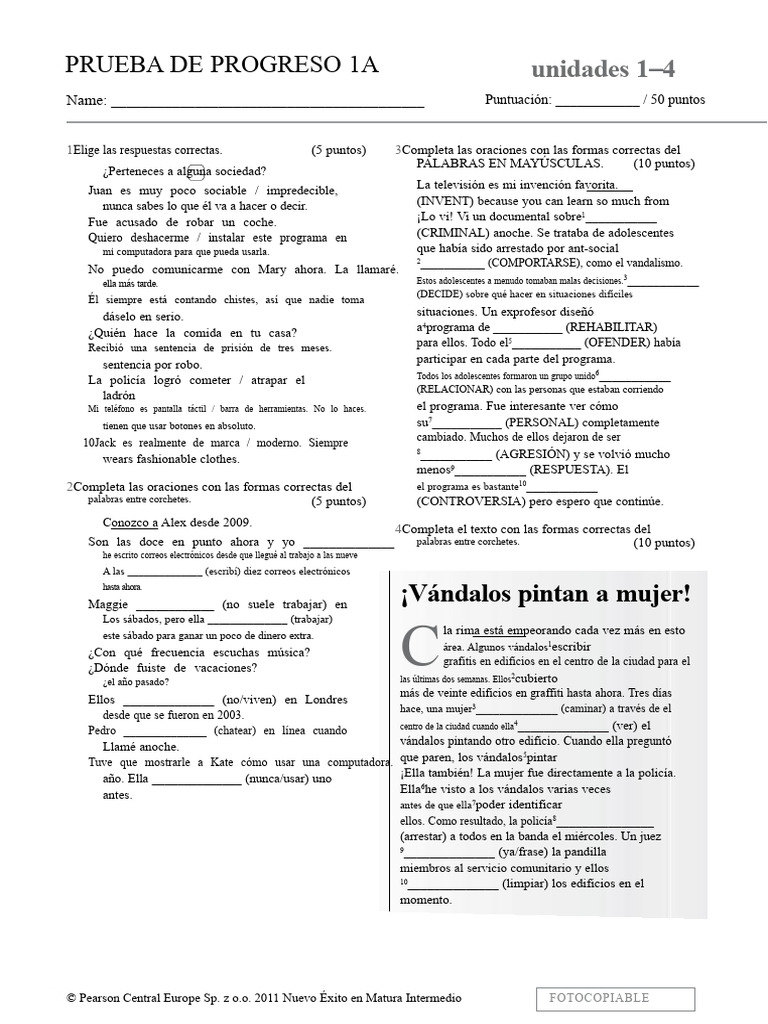 Nuevo Éxito Intermedio - Prueba de Progreso 1a | PDF | Gramática | Lingüística