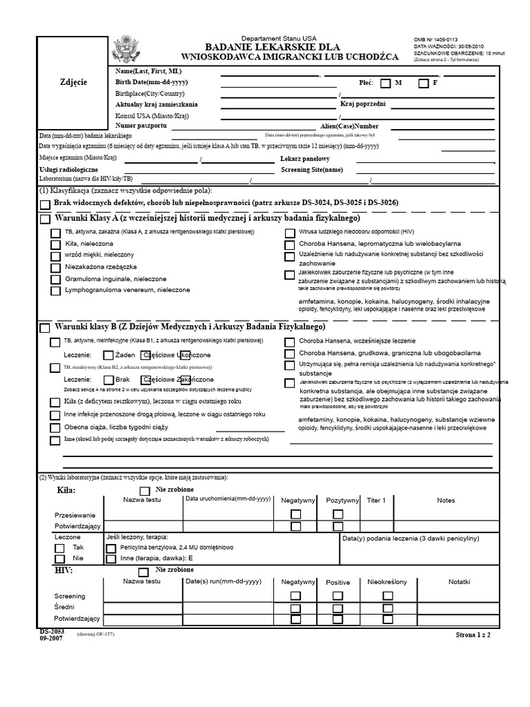 Formularz DS 2053 Badanie Lekarskie Wiza Imigracyjna | PDF