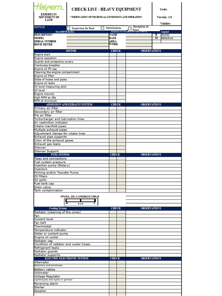 Check List - Heavy Equipment | PDF | Fuel Injection | Mechanical ...