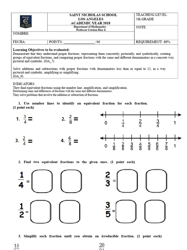 Evaluation 5th Grade 2018 Fractions | PDF | Algebra | Discrete Mathematics
