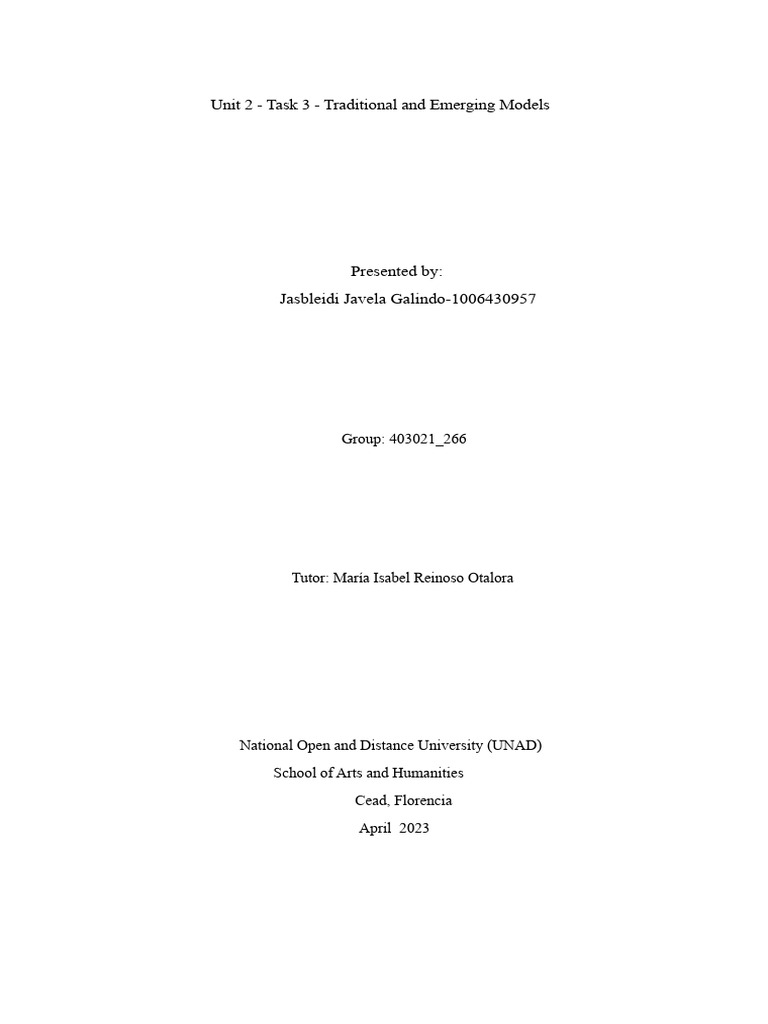 Unit 2 - Task 3 - Traditional and Emerging Models | PDF | Humanistic ...