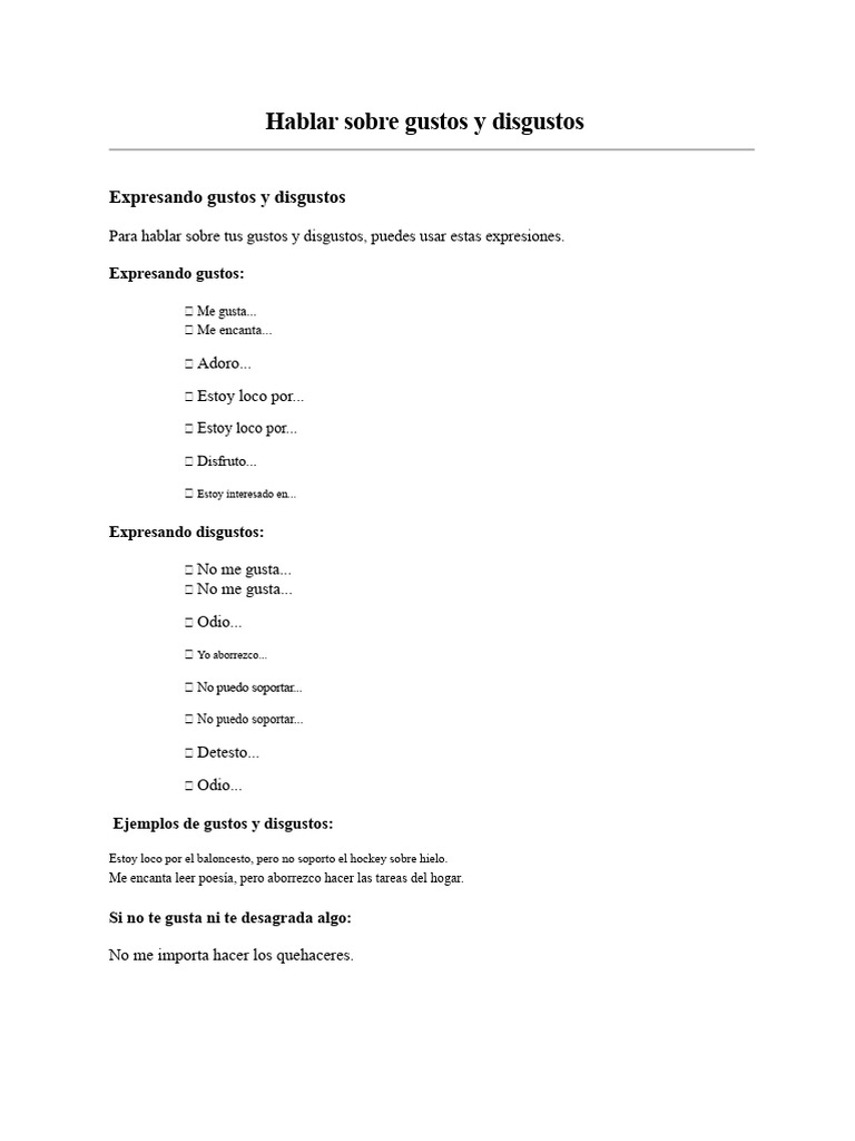 Ejemplos de Gustos y Disgustos | PDF