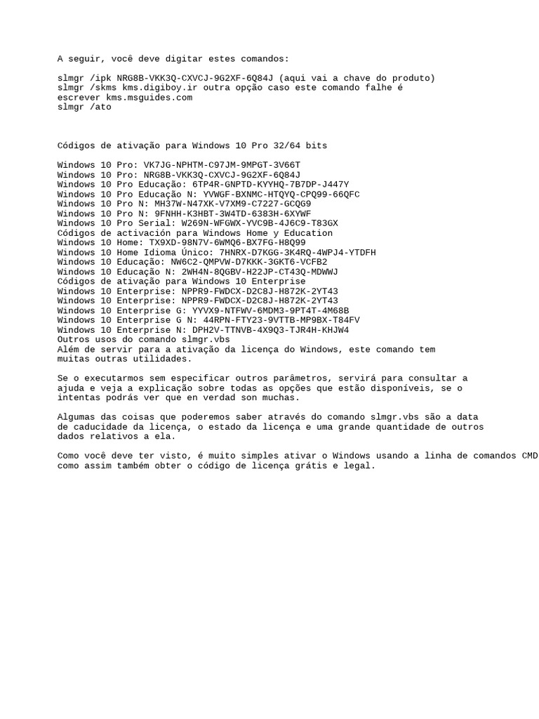 Códigos de Ativação do Windows 10 Pro | PDF