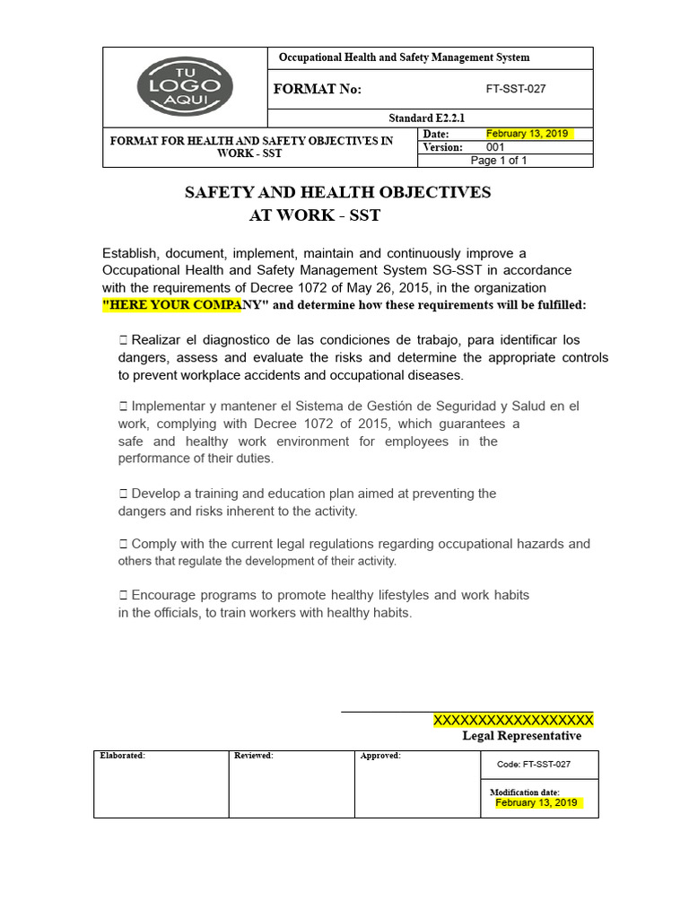 FT-SST-027 Format for Occupational Health and Safety Objectives | PDF