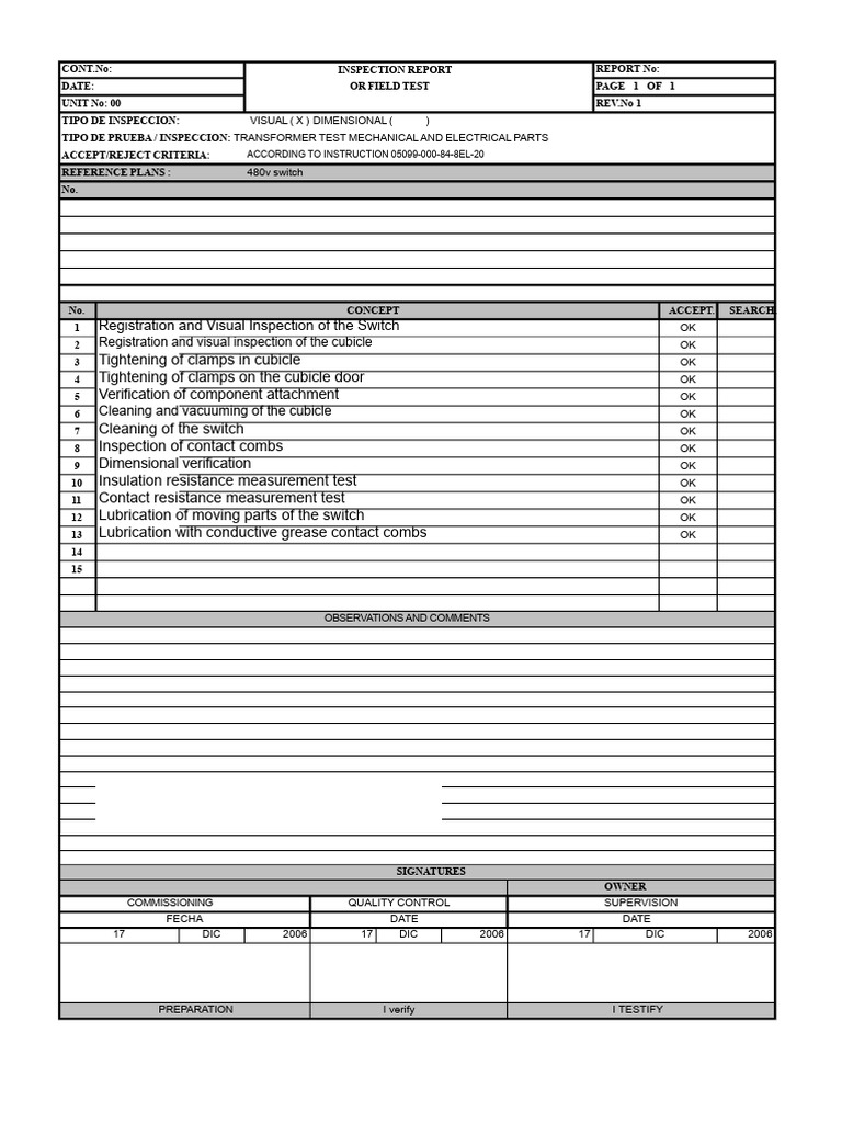 Transformer Inspection Report Summary | PDF | Switch | Electricity