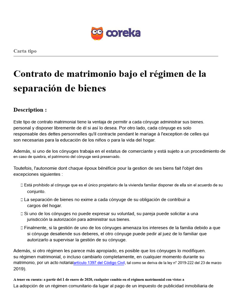 Contrato Matrimonial: Separación de Bienes | PDF | Matrimonio | Esposa
