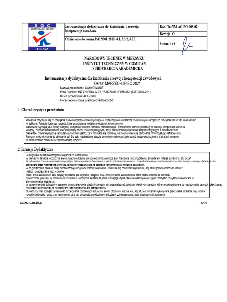 Instrumentacja OBLICZENIA INTEGRALNE (2021-1) TECNM-AC-PO-003-02 | PDF