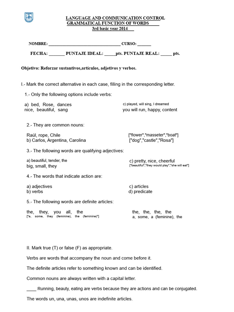 TEST of LANGUAGE Adjectives Nouns Articles Verbs | PDF | Word ...