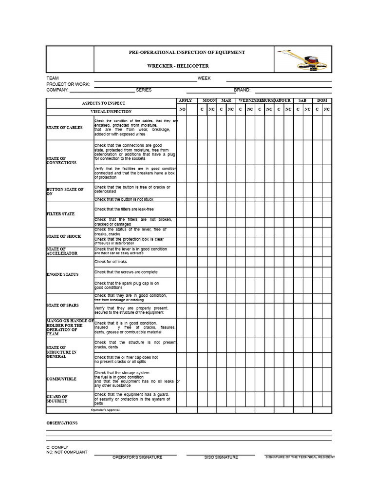 Pre-Operational Inspection Checklist for Helicopter Wreckers | PDF