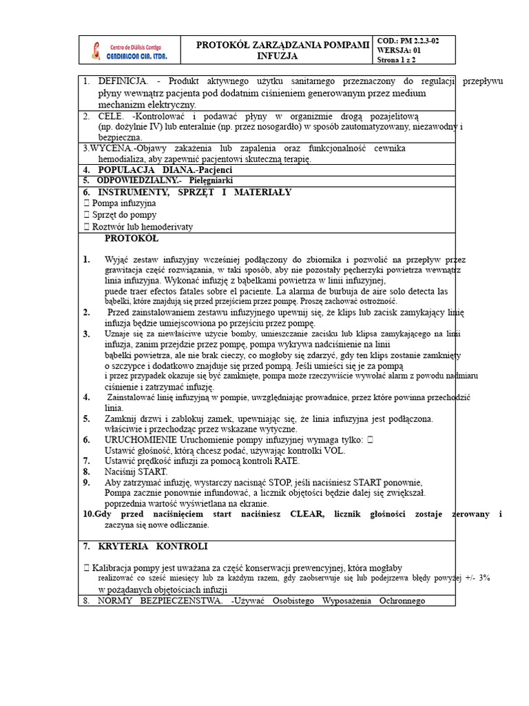 protokół pompy infuzyjnej | PDF