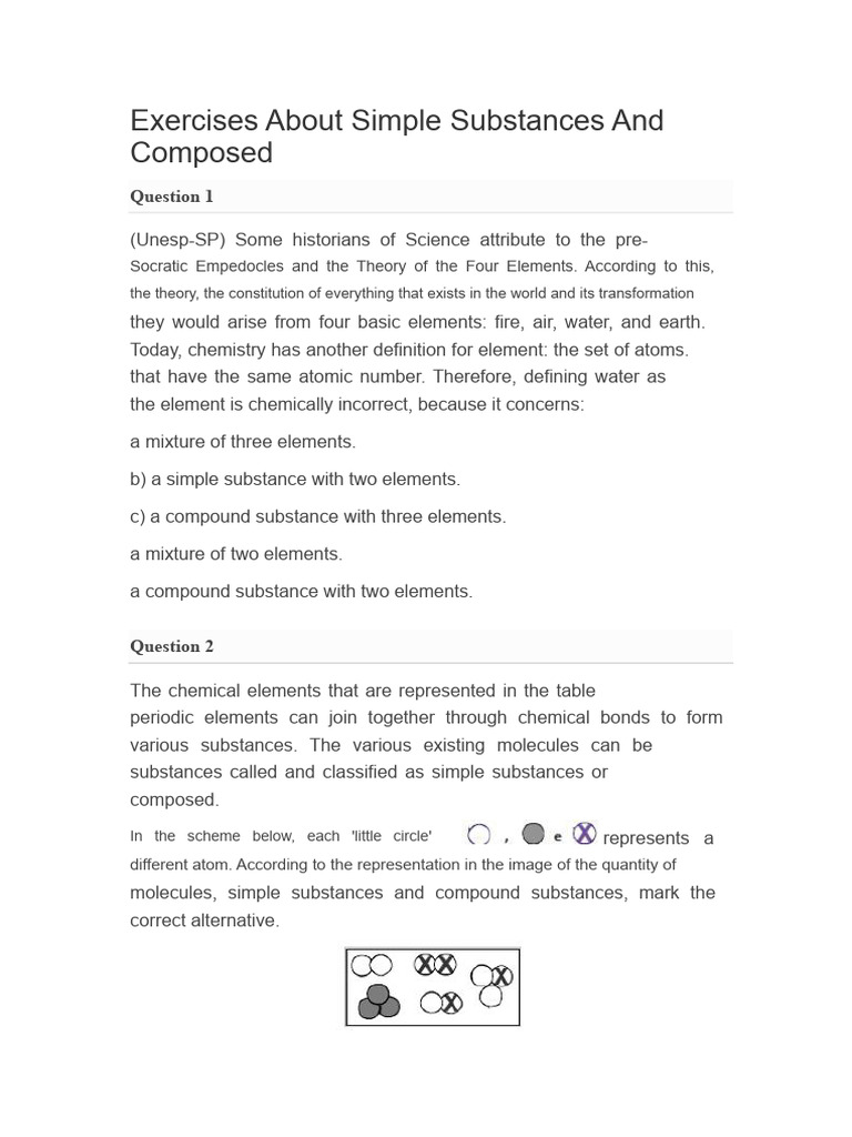 Exercises On Simple and Compound Substances | PDF | Chemical Substances ...