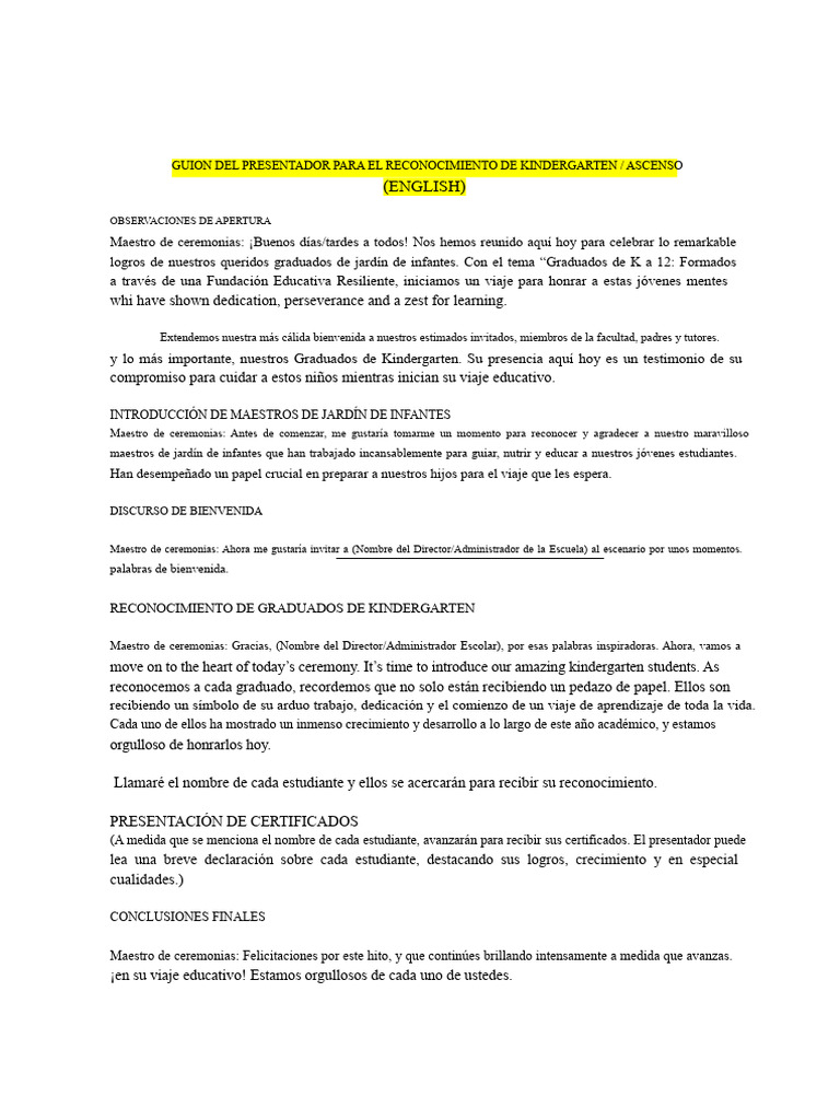 Guion Del Presentador para El Reconocimiento de Kindergarten | PDF | Educación de la primera ...