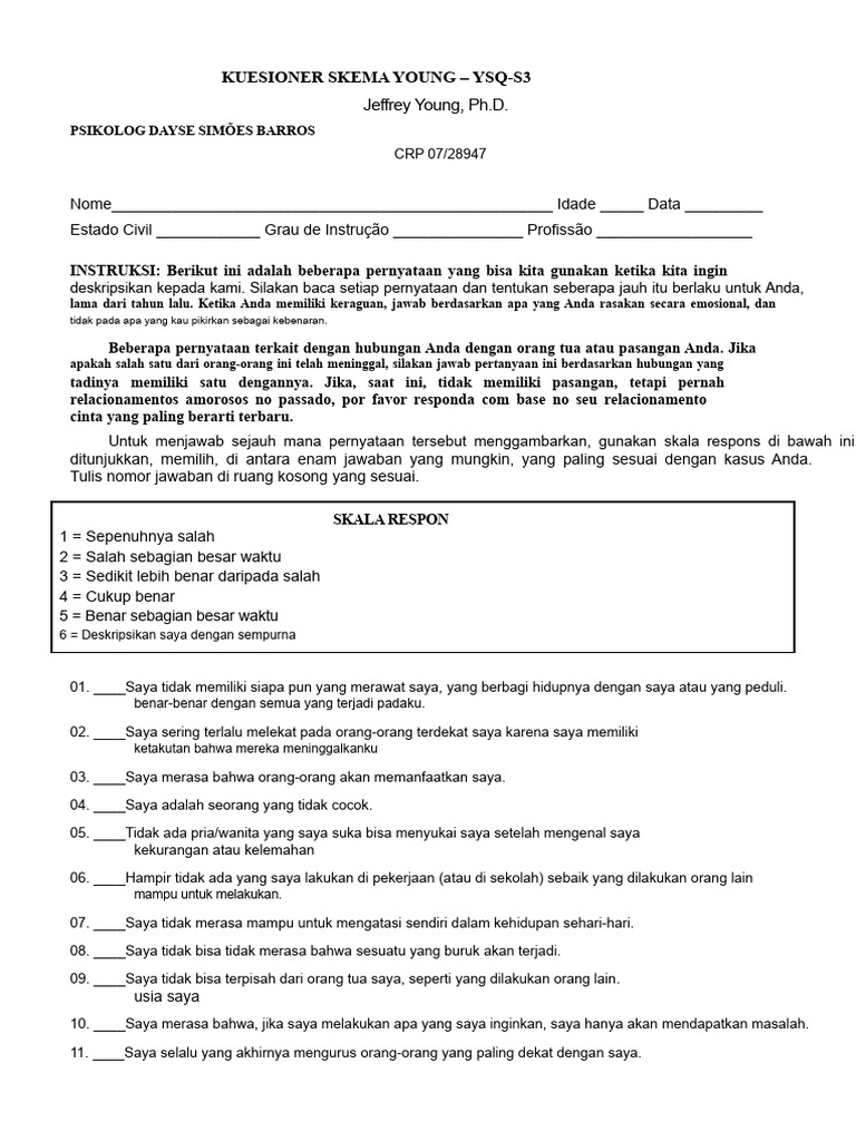 Kuesioner Skema YSQ-S3 (Tanpa Penyaringan) | PDF
