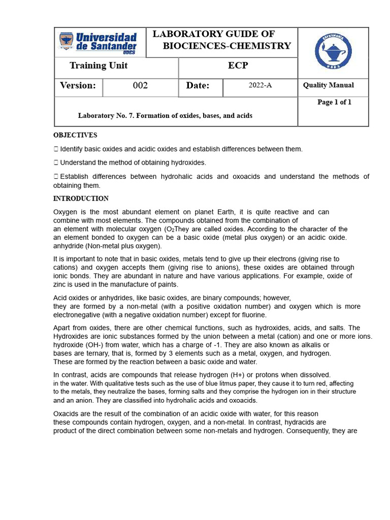 Laboratory No. 7. Basic Oxides, Basic Oxides, Hydroxide and Acids | PDF ...