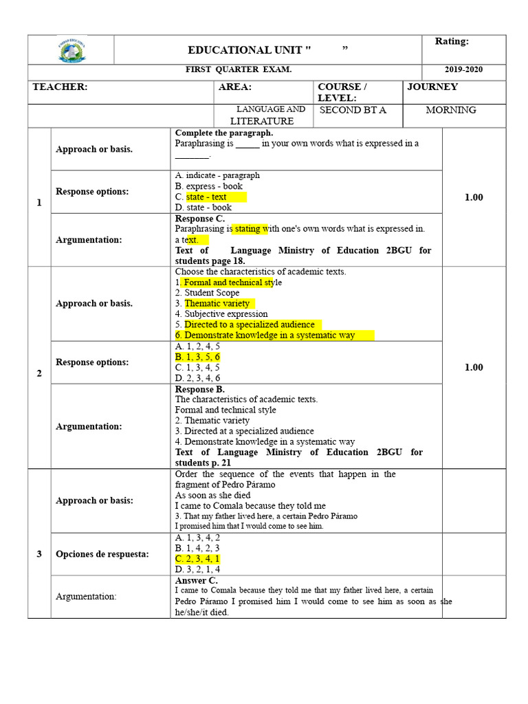 First Quarter Exam: Language & Literature | PDF | Argument | Linguistics