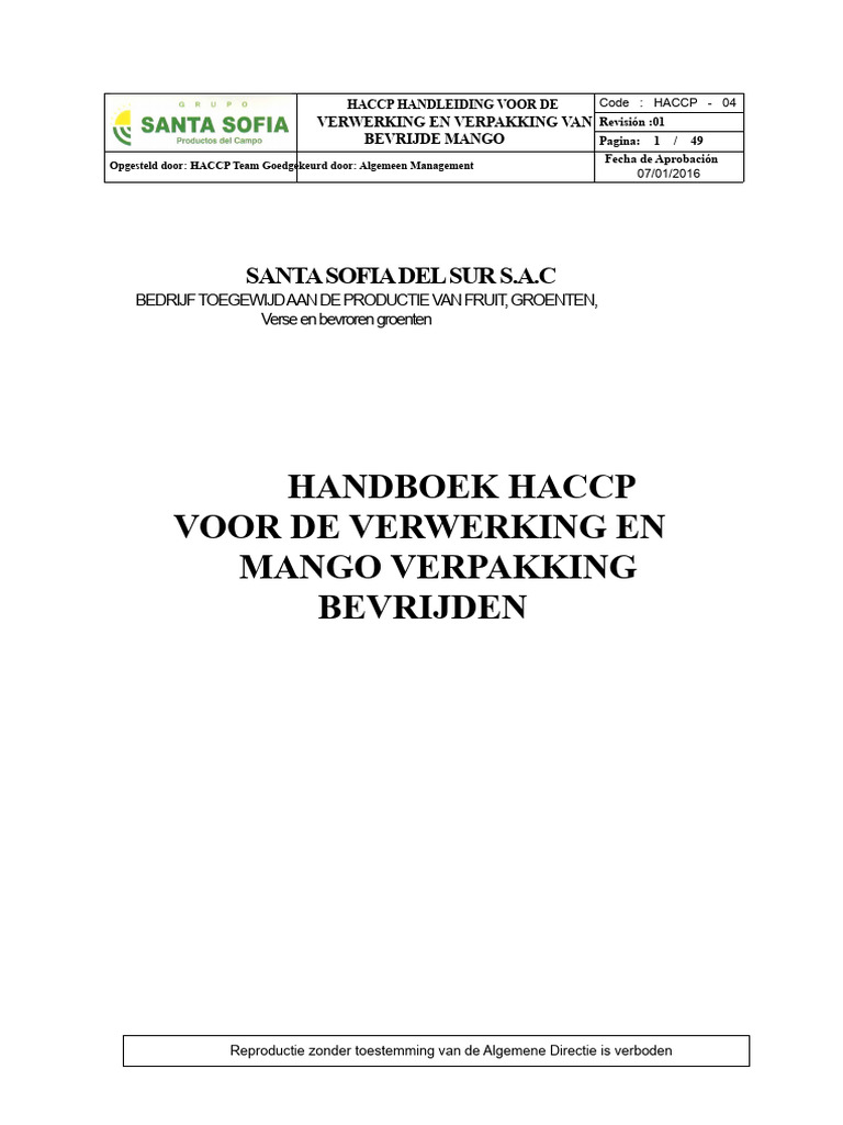 HACCP HANDLEIDING BEVORENDE MANGO SANTA SOFIA | PDF