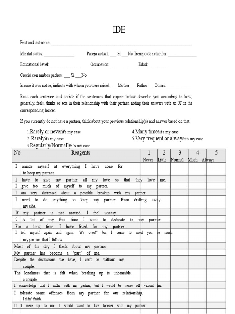 Emotional Dependency Assessment Form | PDF | Emotions | Interpersonal ...