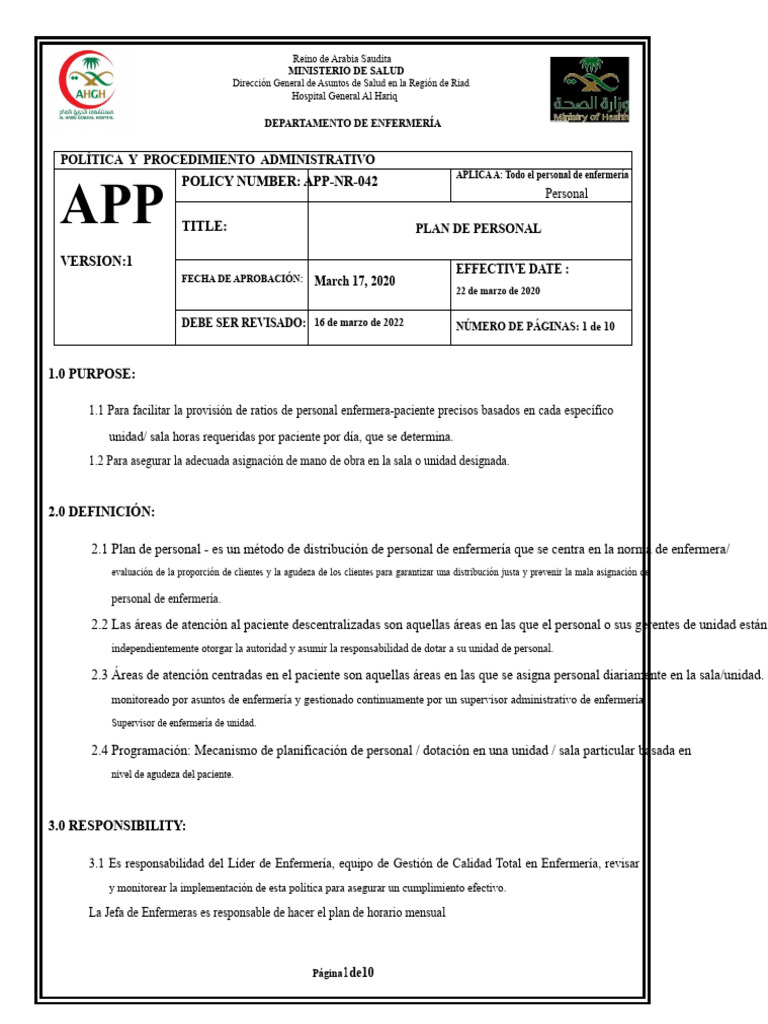 APP-Plan de Personal | PDF | Enfermería | Hospital