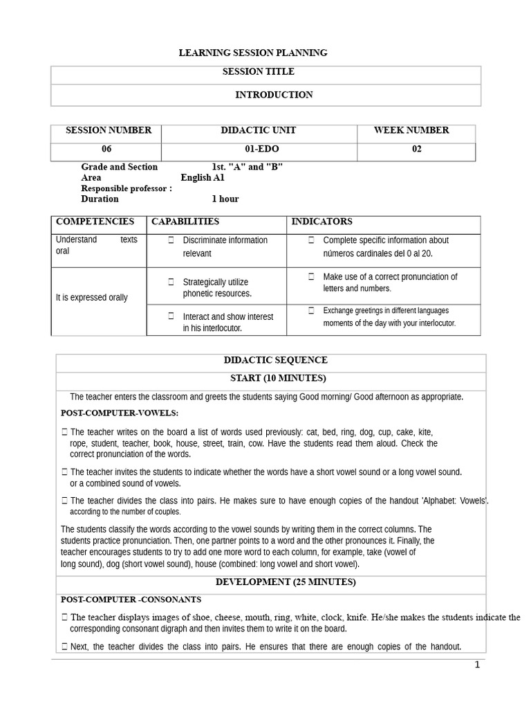 Session English 2nd A1 | PDF | Vowel | Consonant