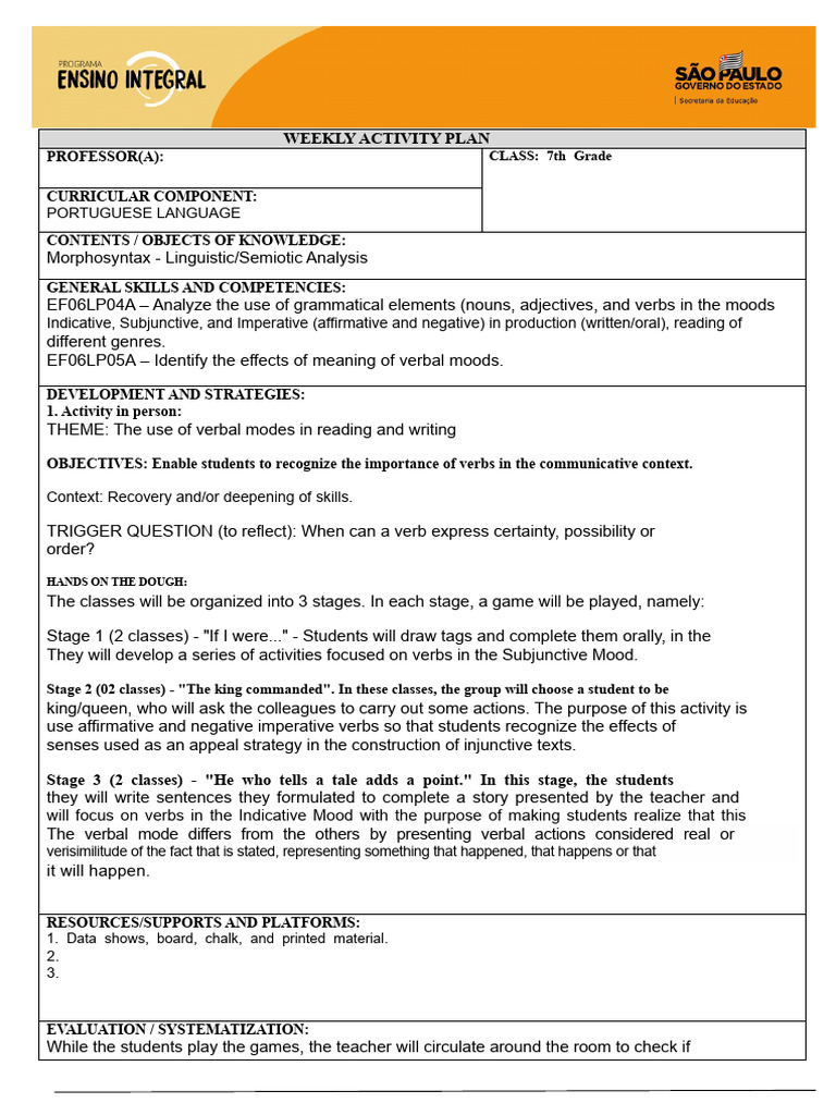 Portuguese Lesson Plan 7th Grade | PDF | Verb | Grammar