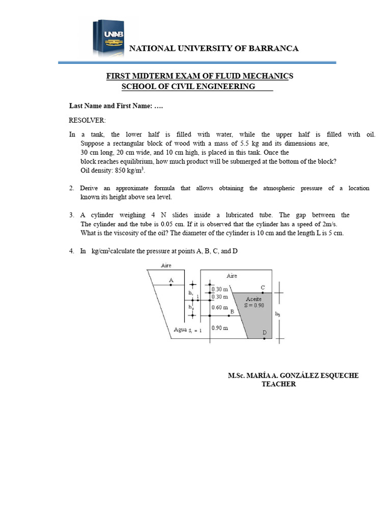 First Midterm Exam of Fluid Mechanics | PDF