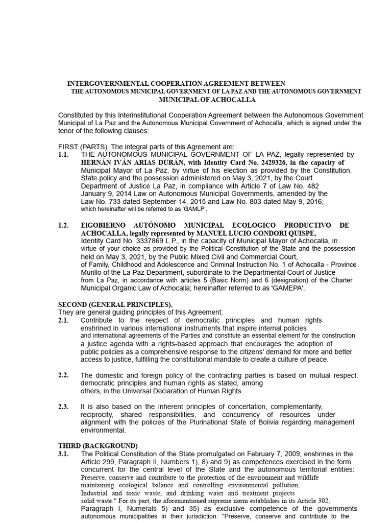 INTERGOVERNMENTAL AGREEMENT La Paz Achocalla | PDF | Waste Management ...