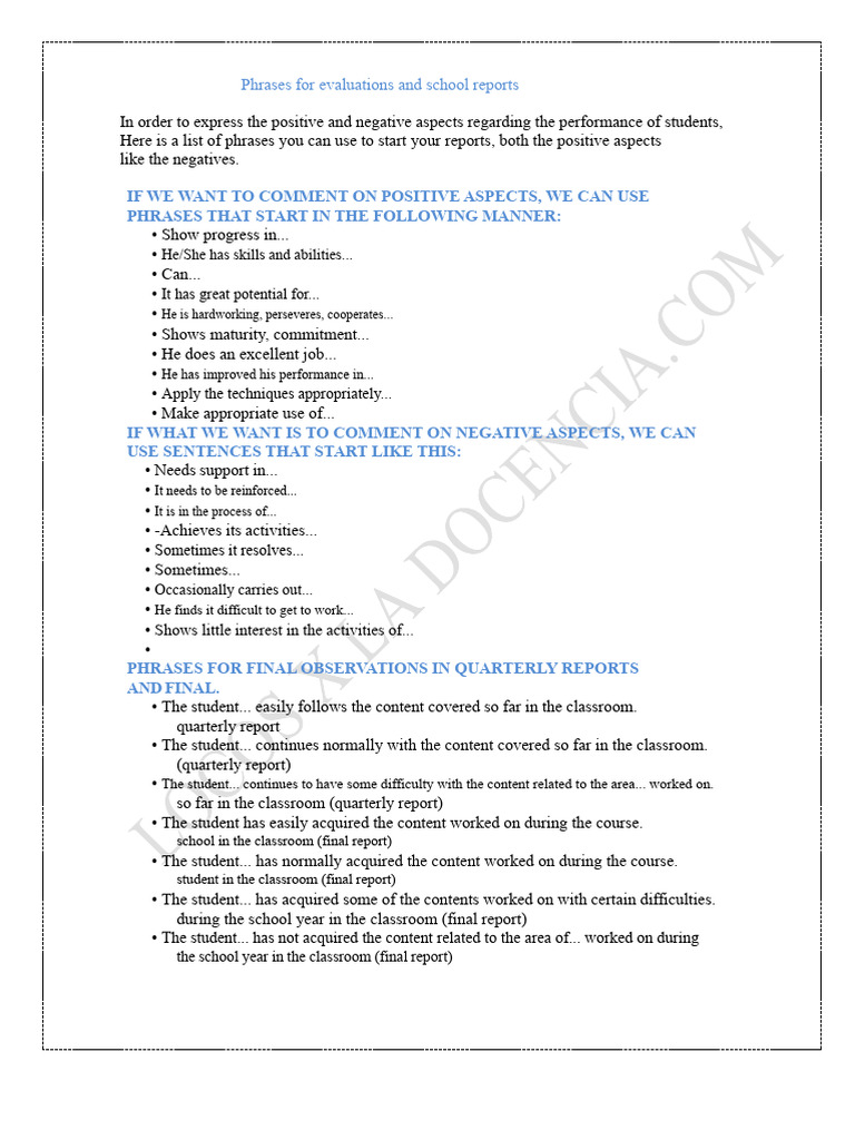 Student Evaluation Phrases Guide | PDF | Learning | Psychology