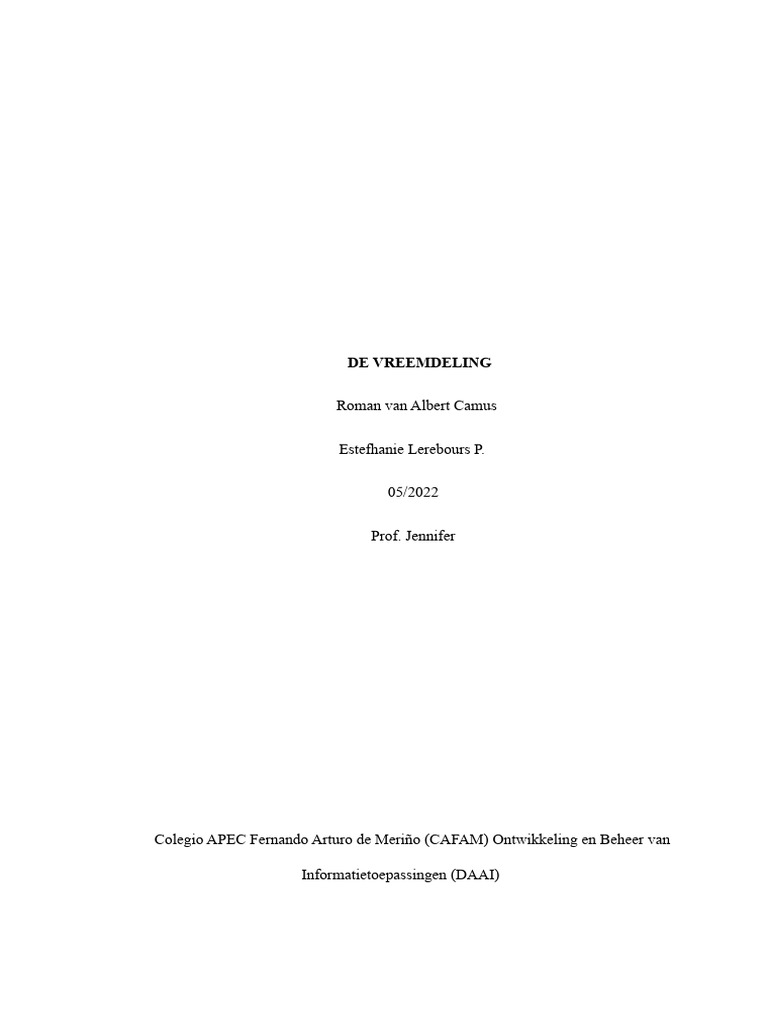 De Vreemdeling Essay Van Het Boek | PDF