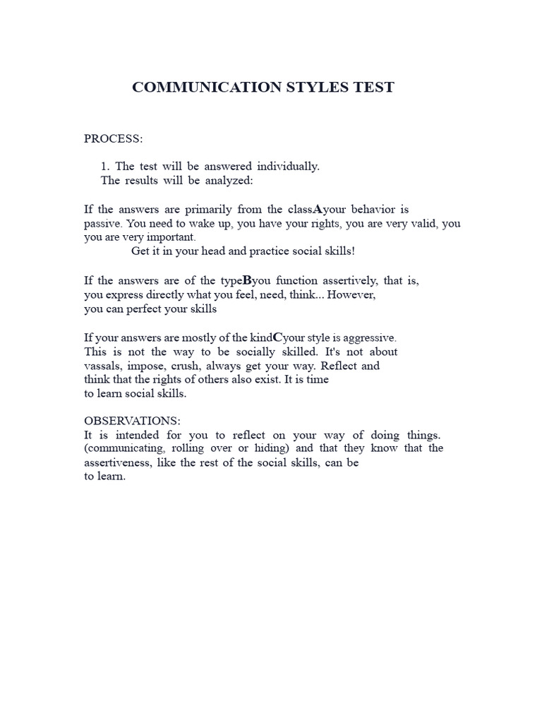 Communication Styles Assessment Test | PDF | Communication | Psychology