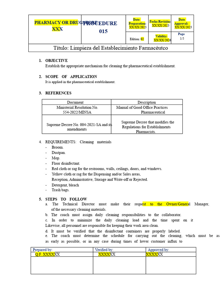 POE 15 Cleaning of The Pharmaceutical Establishment 2023 | PDF | Pharmacy