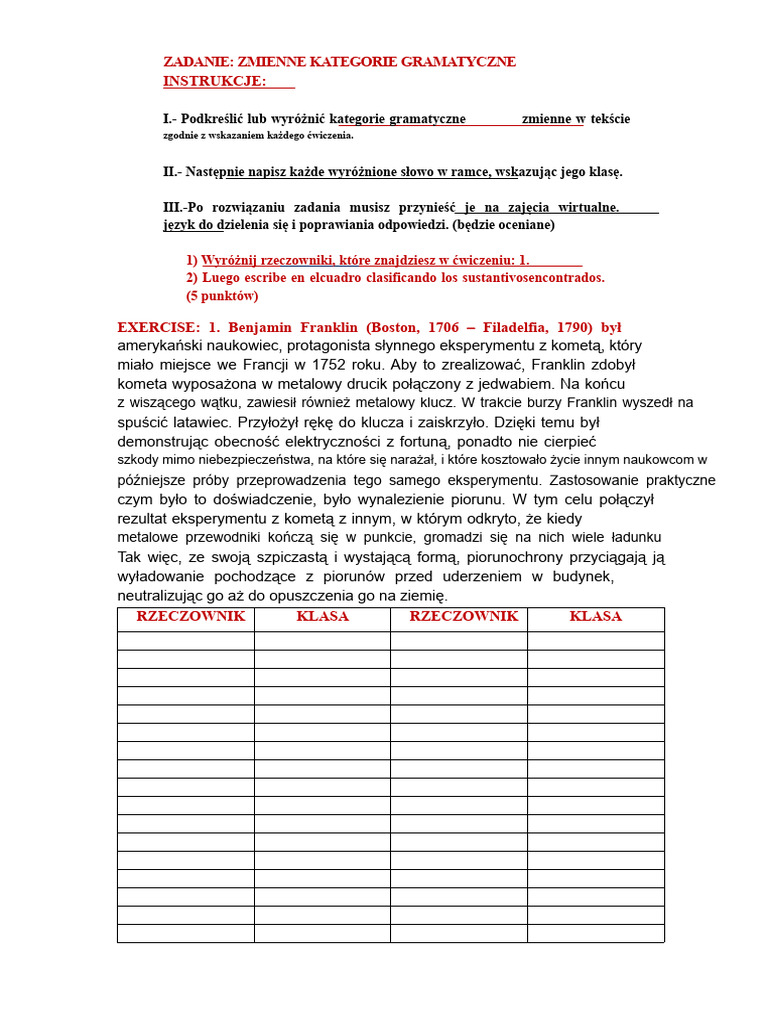Zadanie - Zmienne Kategorie Gramatyczne - 2022 | PDF
