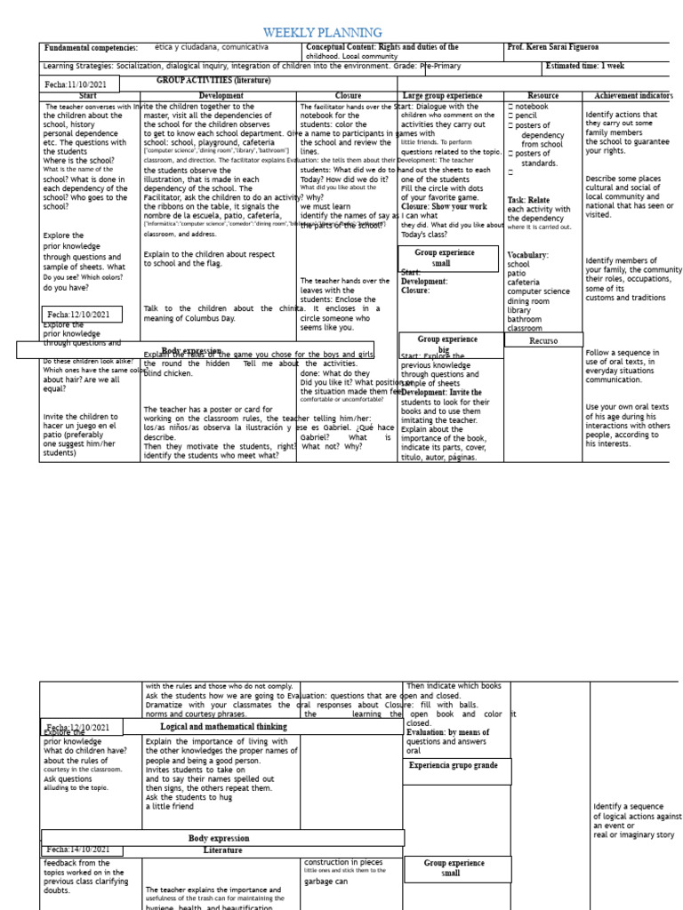 Weekly Planning for Pre-Primary Activities | PDF | Teachers | Shape