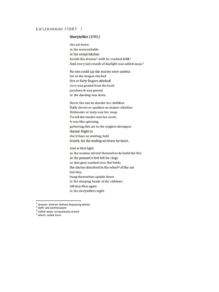Analysis of Liz Lochhead's "Storyteller" | PDF | Storytelling | Poetry