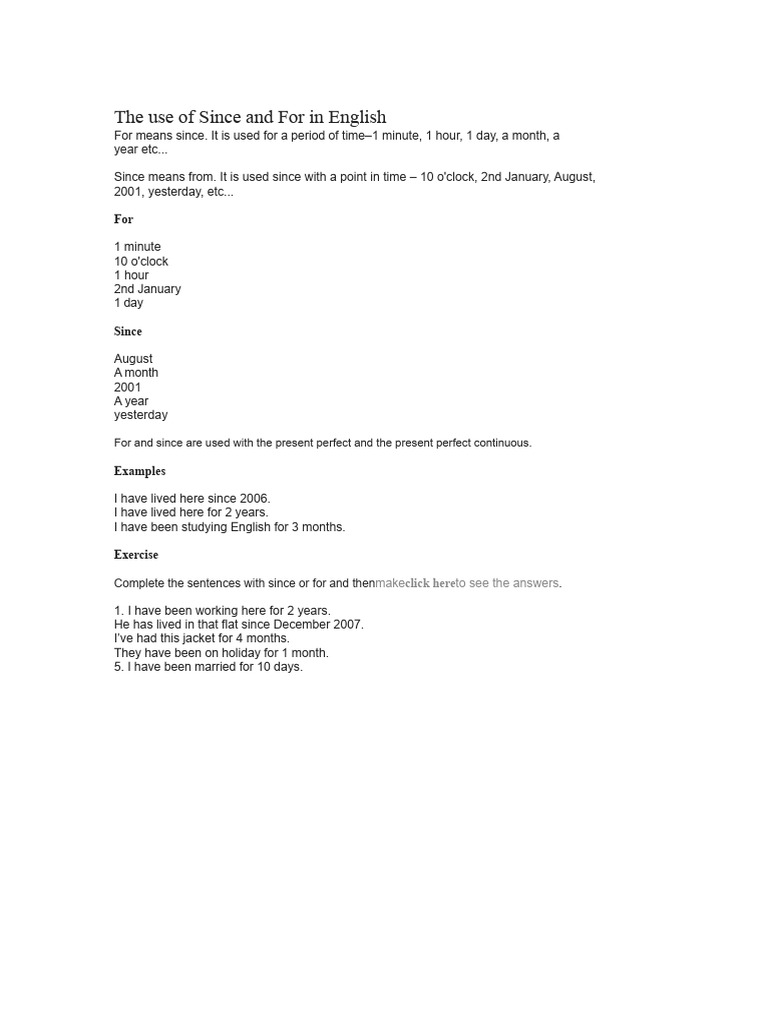 The Use of Since and For in English | PDF