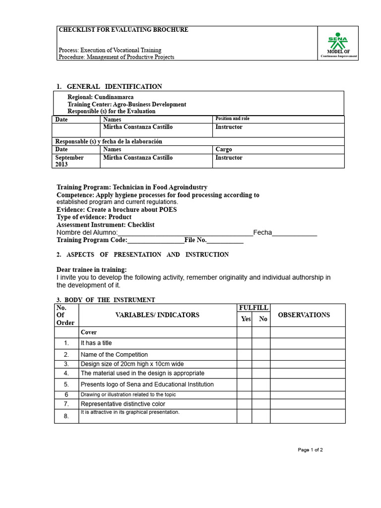 Brochure Evaluation Checklist for Training | PDF