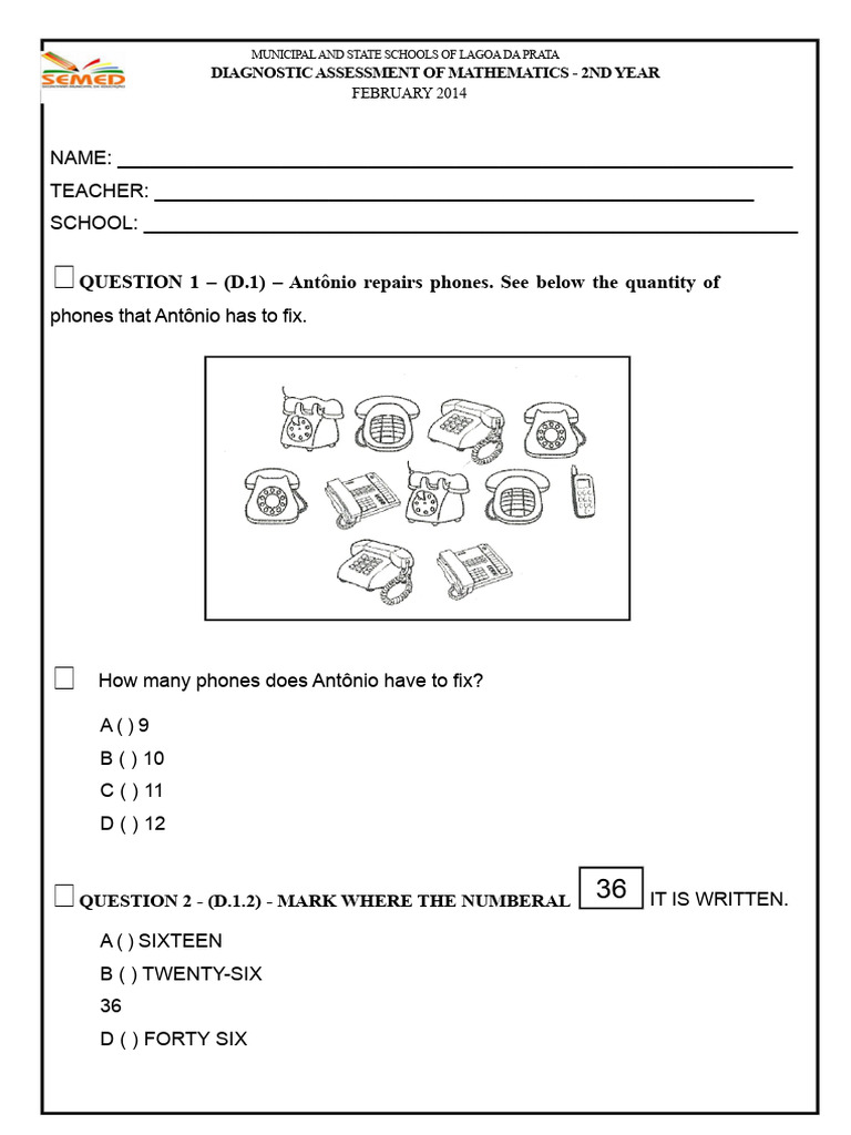Mathematics Diagnostic Assessment - 2nd Year-2014 | PDF | Mathematics
