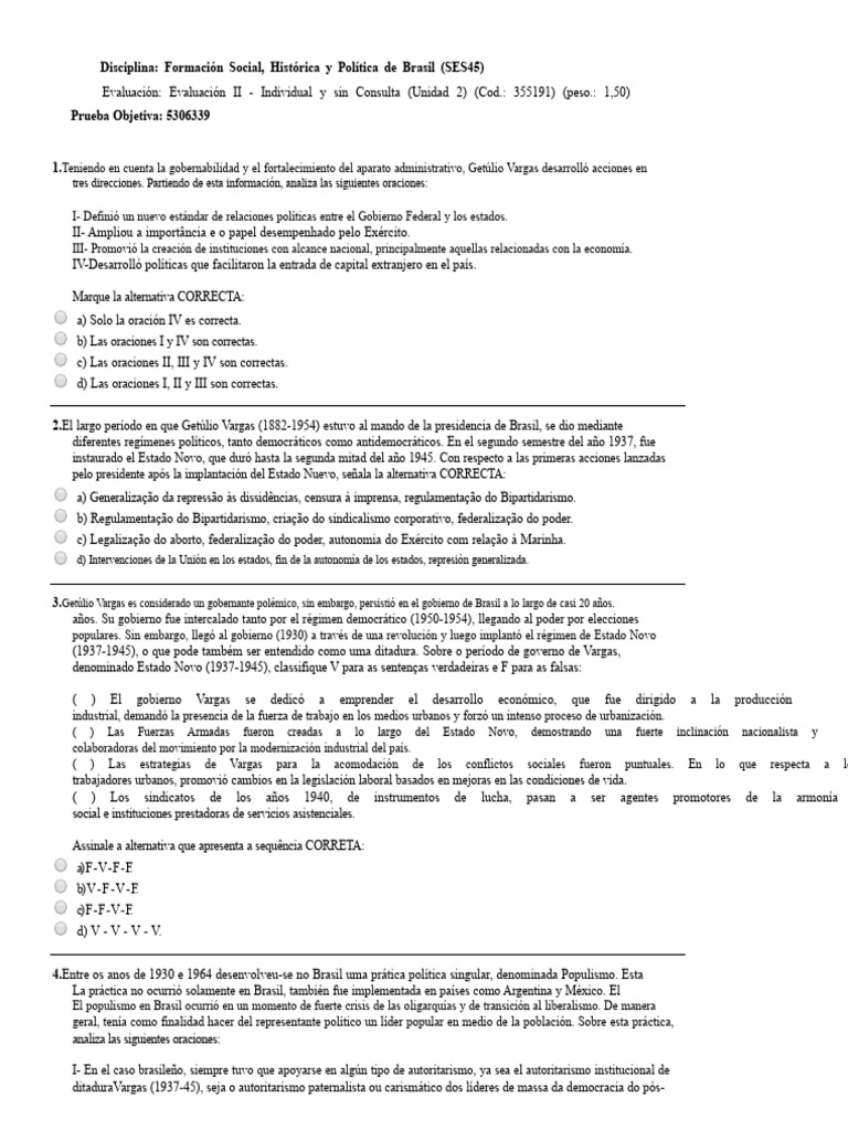 Formación Social, Histórica y Política de Brasil - Evaluación II ...
