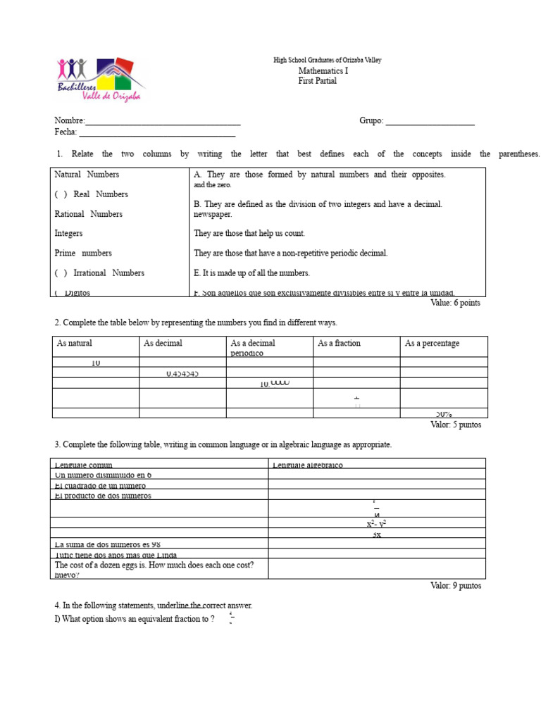 Orizaba Valley High School Math Exam | PDF | Numbers | Rational Number