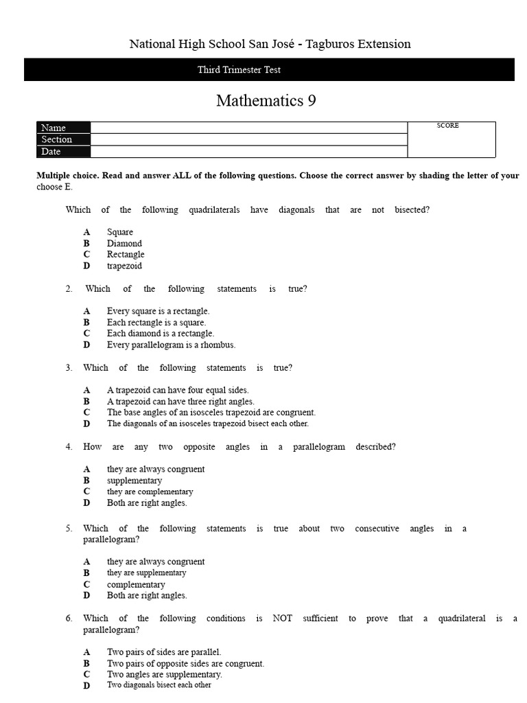 Ninth Grade Third Quarter Math Exam | PDF | Rectangle | Geometric Shapes