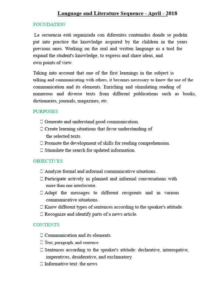 Sequence May of Language 4th Grade 2018 | PDF | Communication | Linguistics