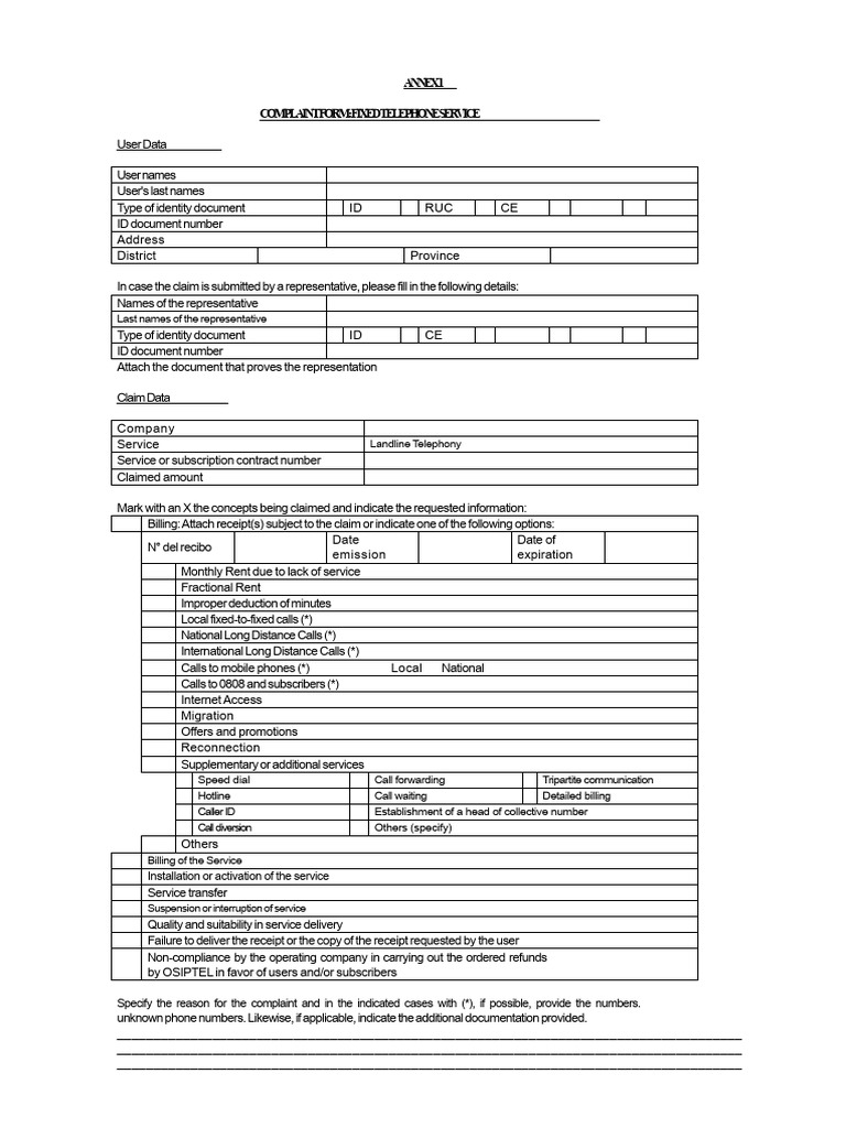 OSIPTEL Formats For The Presentation of Complaints | PDF | Telephone ...