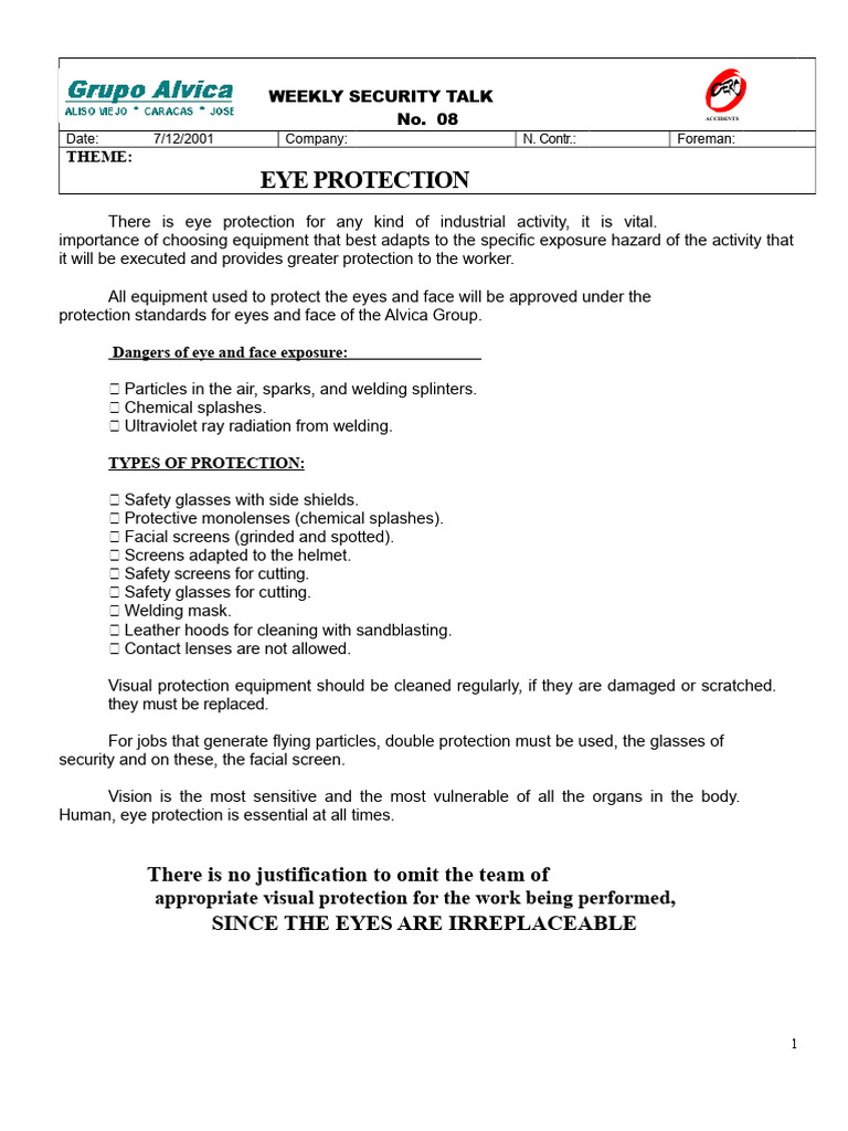 Safety Talk No. 08 Eye Protection | PDF