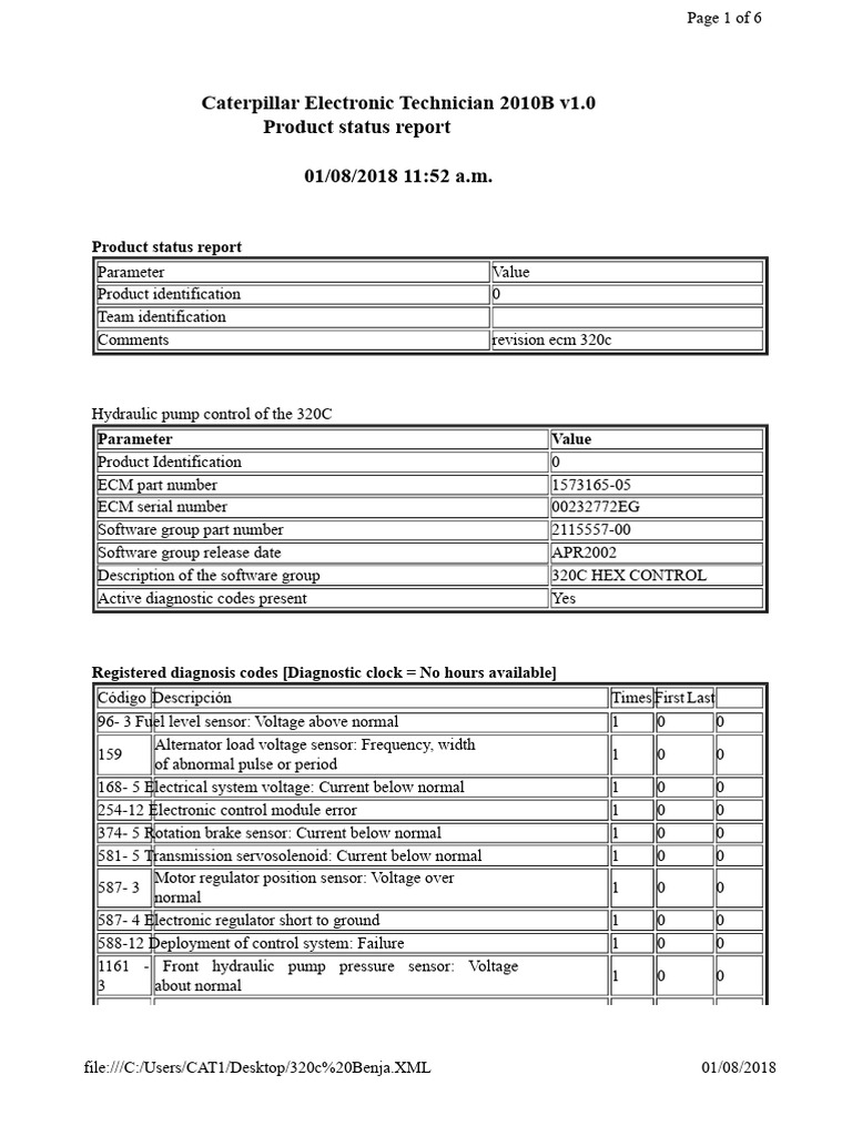 Caterpillar 320C Diagnostic Report | PDF | Throttle | Valve